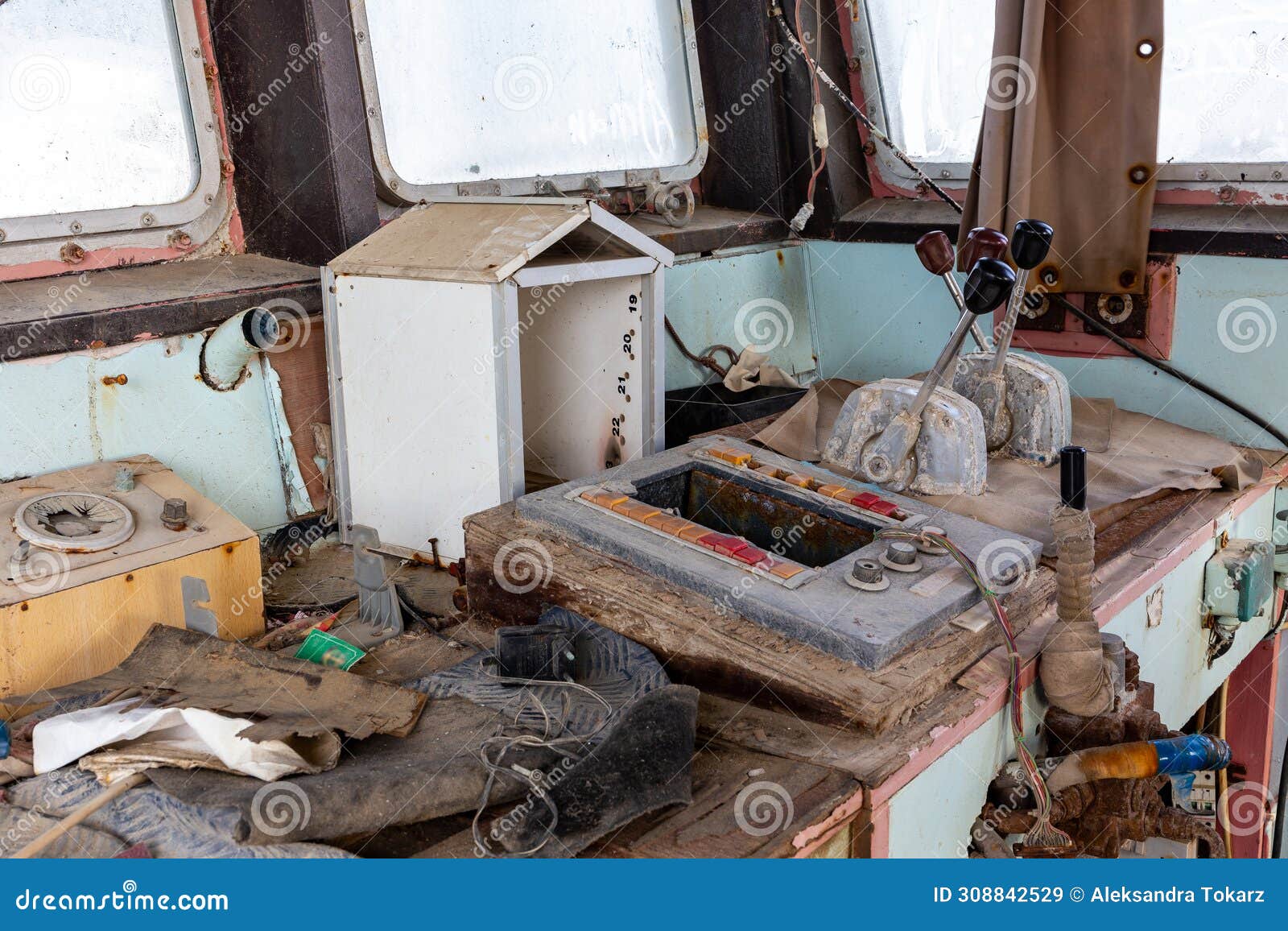 Abandoned and Demolished Cargo Ship Bridge Inside View with Throttle ...