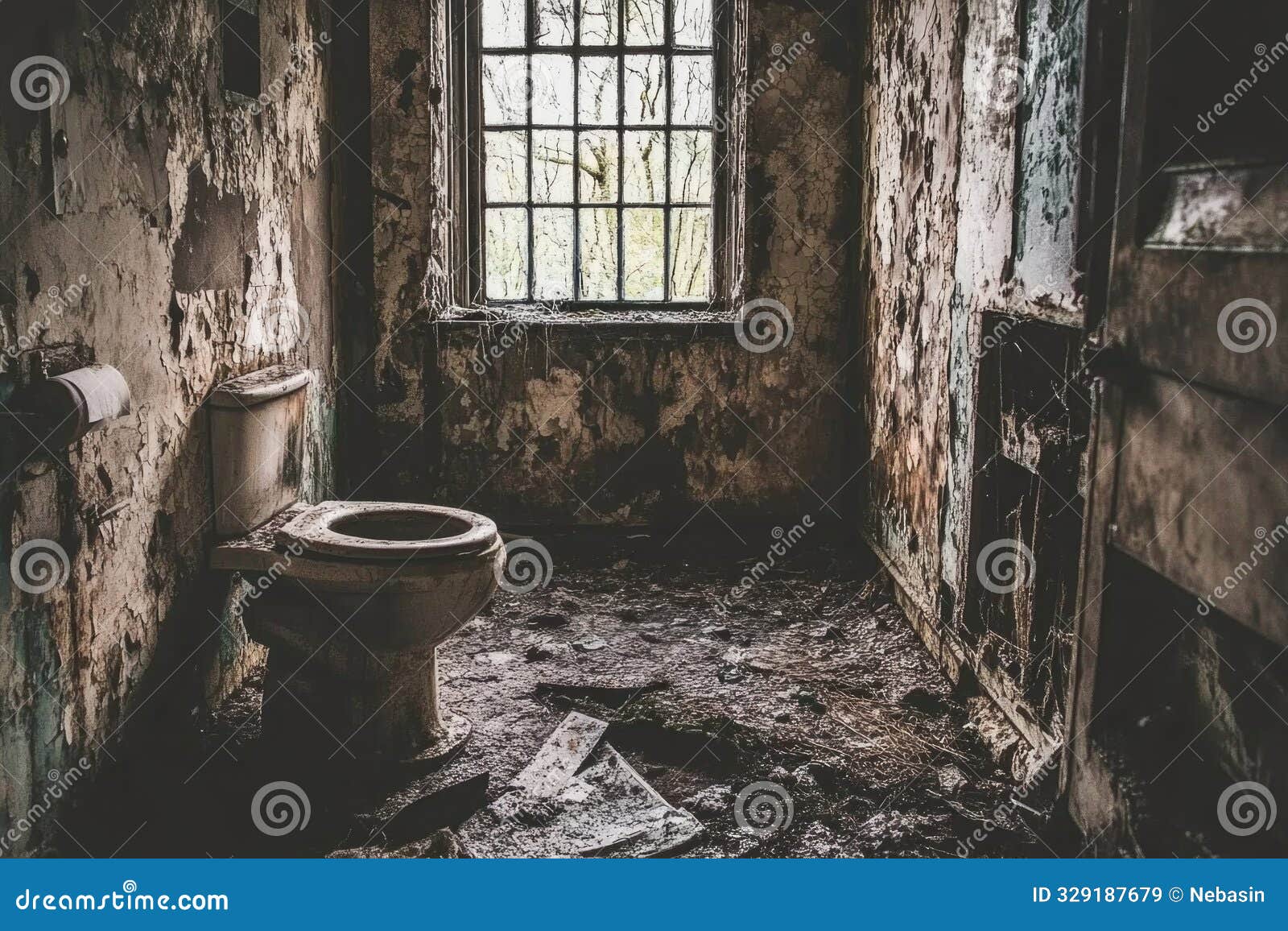 Abandoned Dilapidated Bathroom with Broken Walls and Window in Decay ...