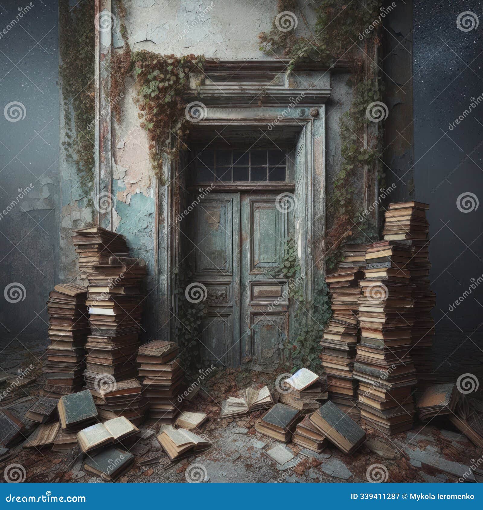 An Abandoned Door and Piles of Old Books. Stock Image - Image of ...