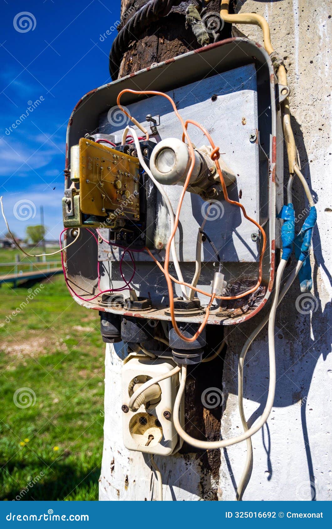 Abandoned Electrical Box with Various Wires and Devices Stock Photo ...