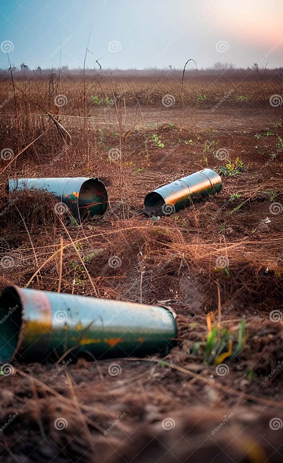 Abandoned Empty Artillery Shells in the Middle of the Field Stock ...