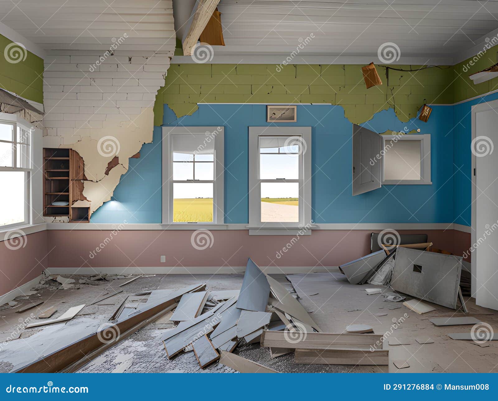 Abandoned Empty Room Interior with Large Windows and Broken Ceiling ...