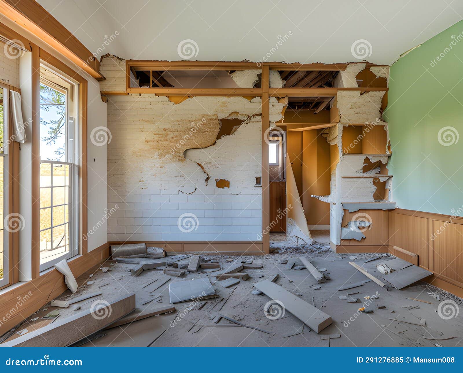 Abandoned Empty Room Interior with Large Windows and Broken Ceiling ...