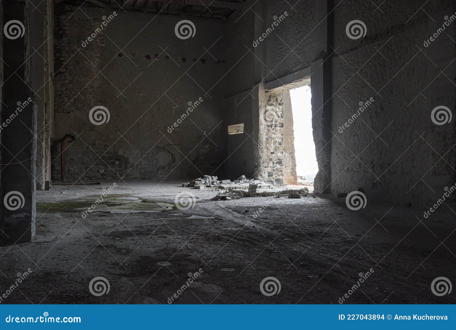 Abandoned Empty Warehouse with Cracked Concrete Walls, Broken Bricks ...
