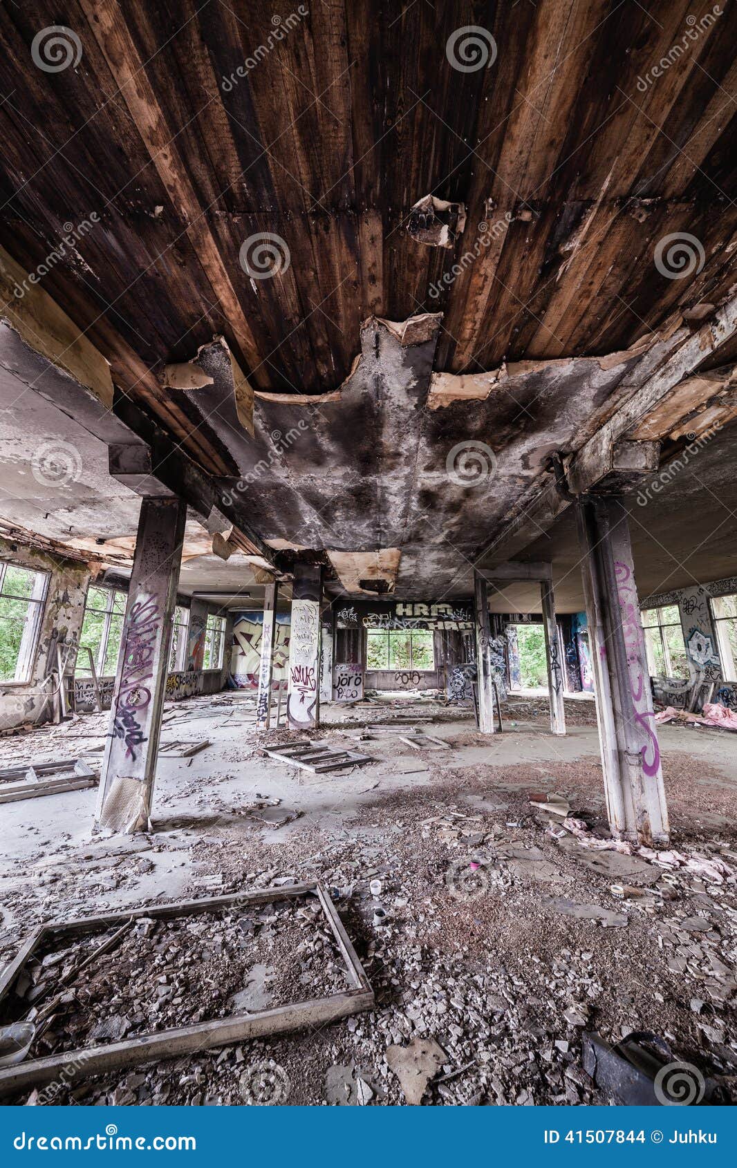Abandoned Factory Hall and Burnt Ceiling Stock Photo - Image of inside ...