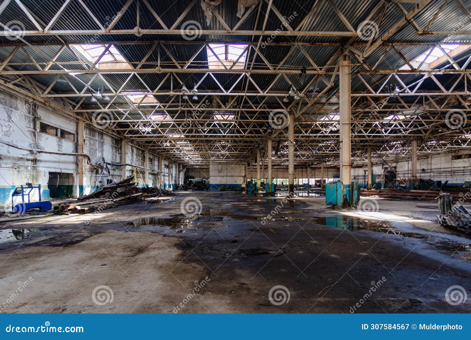 Abandoned Factory. Large Empty Ruined Industrial Hall with Broken ...