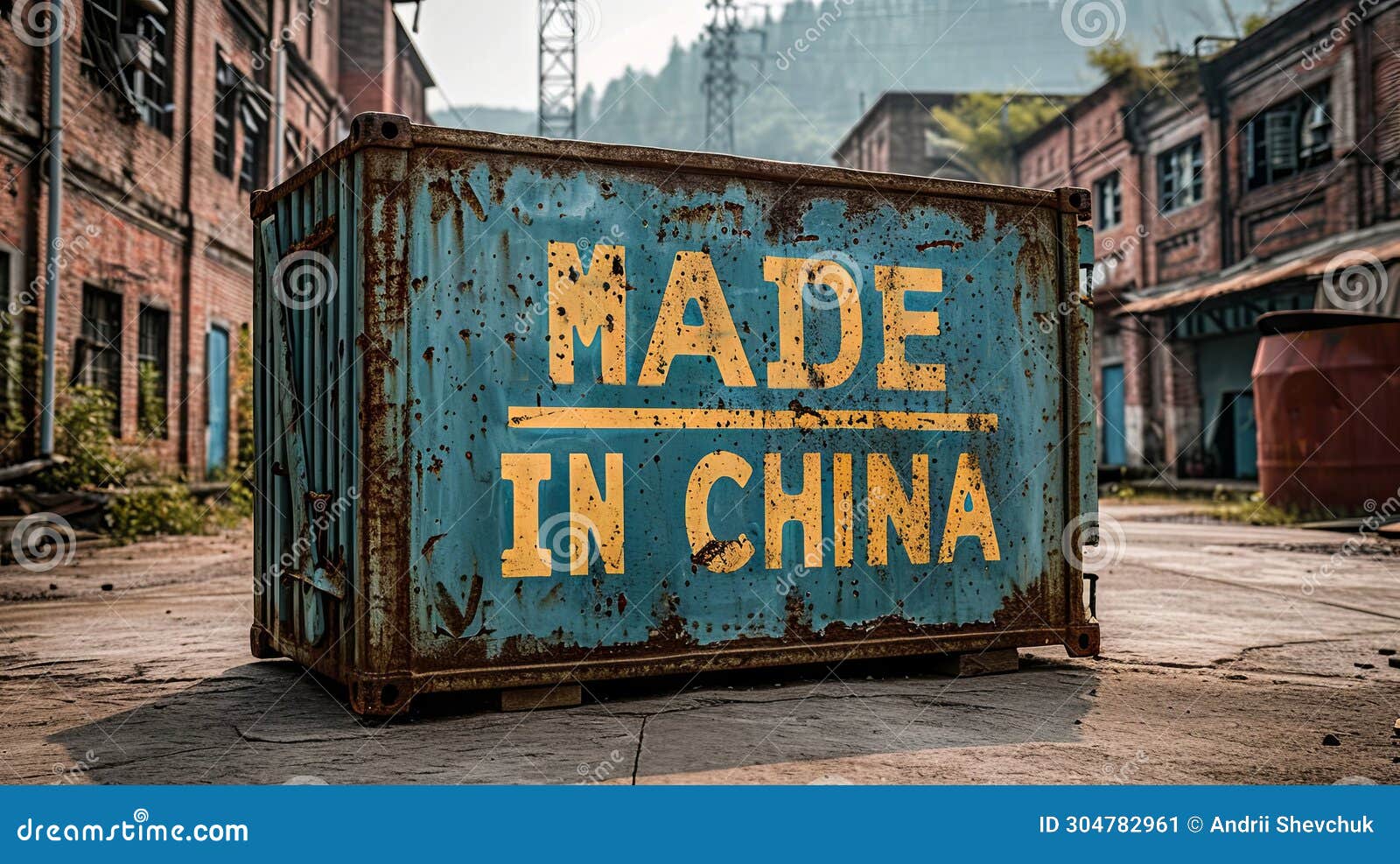 Abandoned Factory with Old Rusty Metal Container and Text Made in China ...