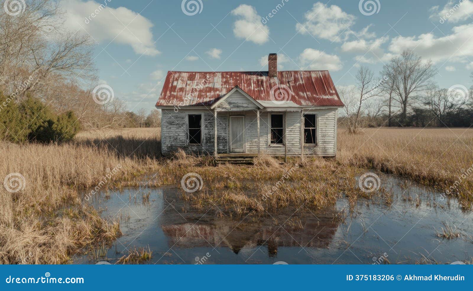 Abandoned Farmhouse With Red Sign And Broken Windows Stock Photo ...