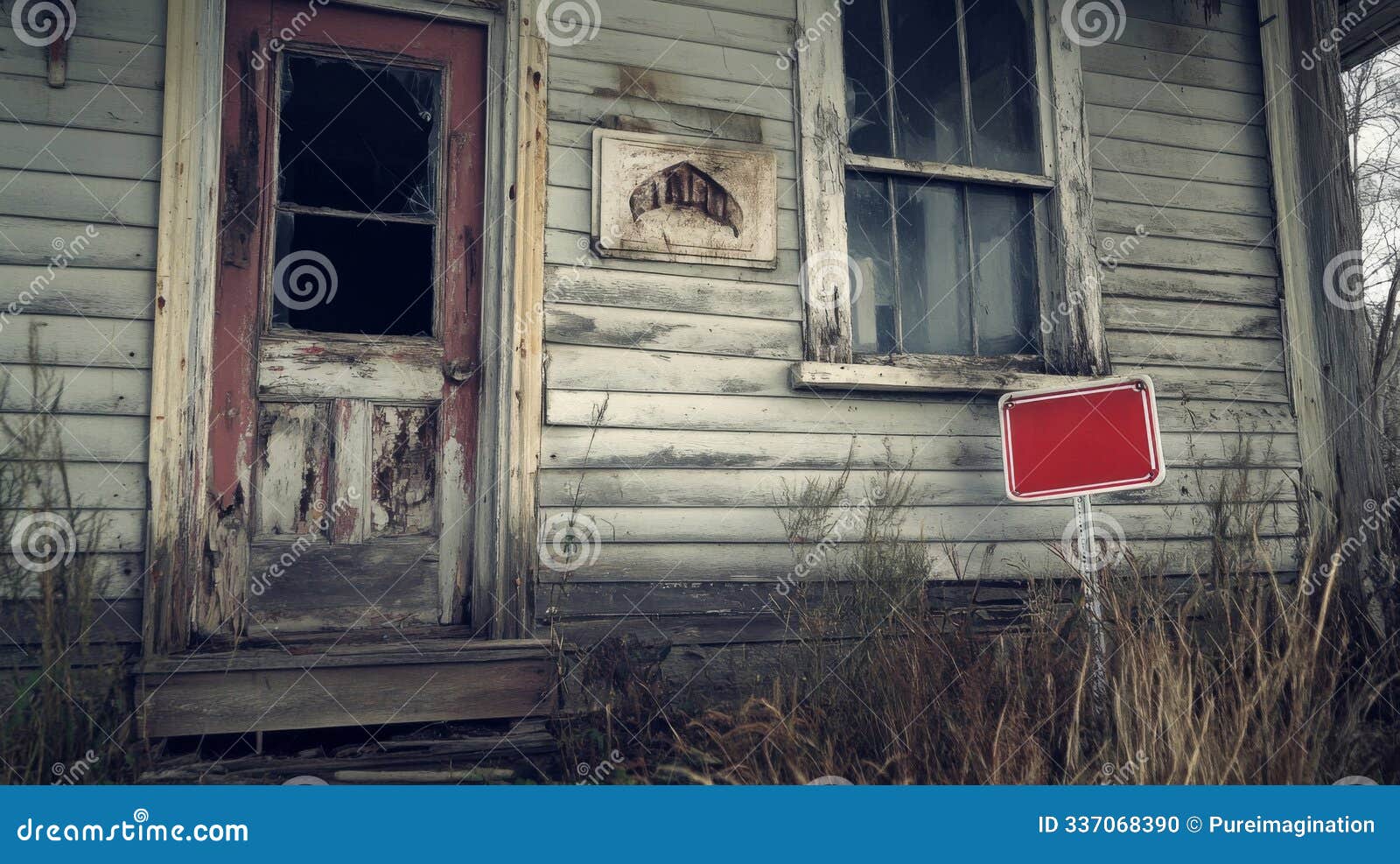 Red Abandoned Farmhouse Falling Apart Under Blue Sky. Broken Windows ...