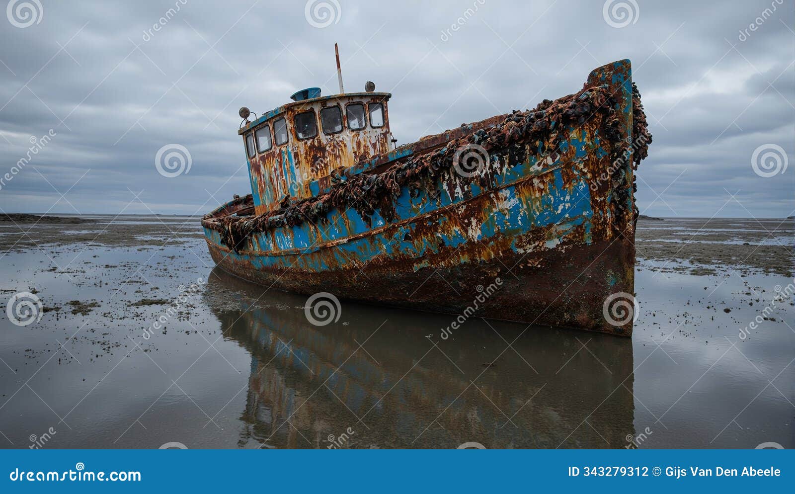 Abandoned Fishing Boat Covered In Rust And Barnacles Sunk In Muddy Bay ...