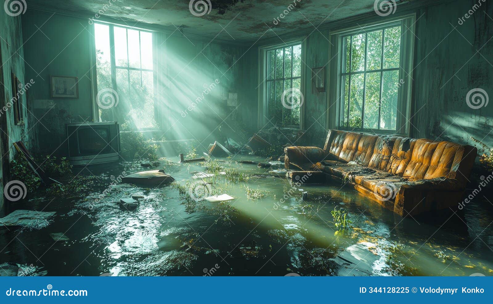 Abandoned Flooded Living Room with Sunlight through Windows ...