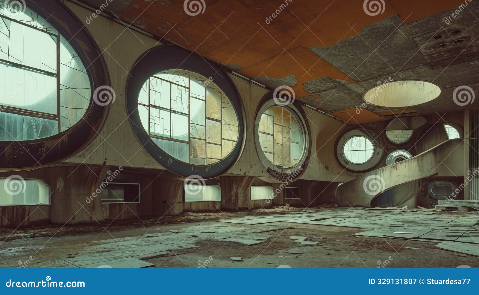 Abandoned Futuristic Building with Circular Windows and Broken Glass ...