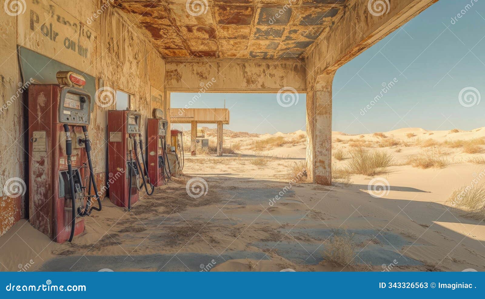 Abandoned Gas Station in a Desert Landscape Stock Illustration ...