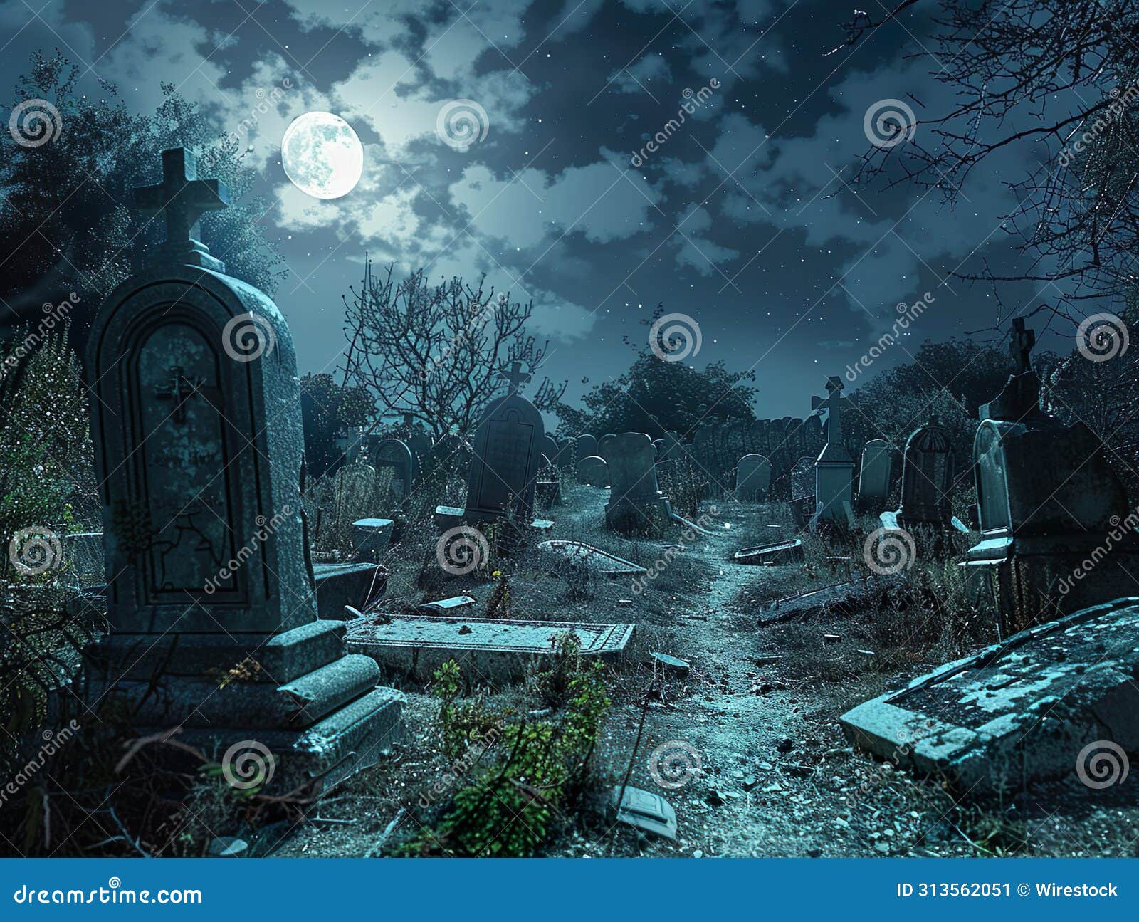 An Abandoned Graveyard at Midnight Stock Illustration - Illustration of ...