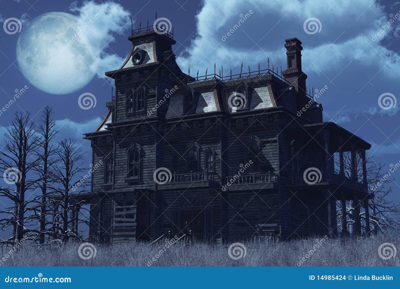 Abandoned Haunted House in Moonlight Stock Illustration - Illustration ...