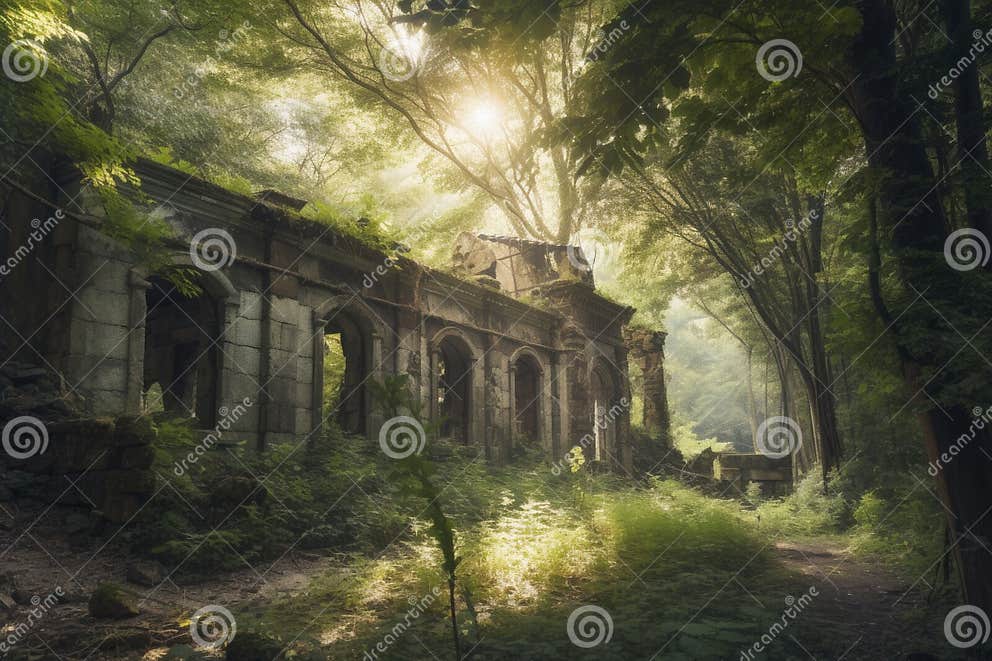 Abandoned and Historical Structures in the Forest, with Trees and ...