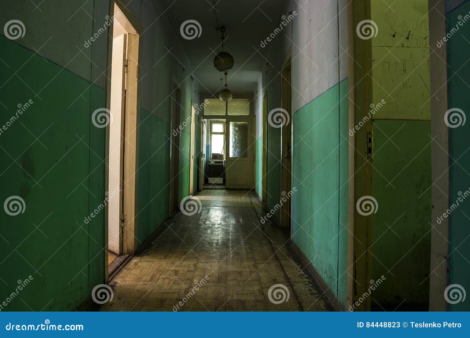 Abandoned hostel hallway stock image. Image of light - 84448823