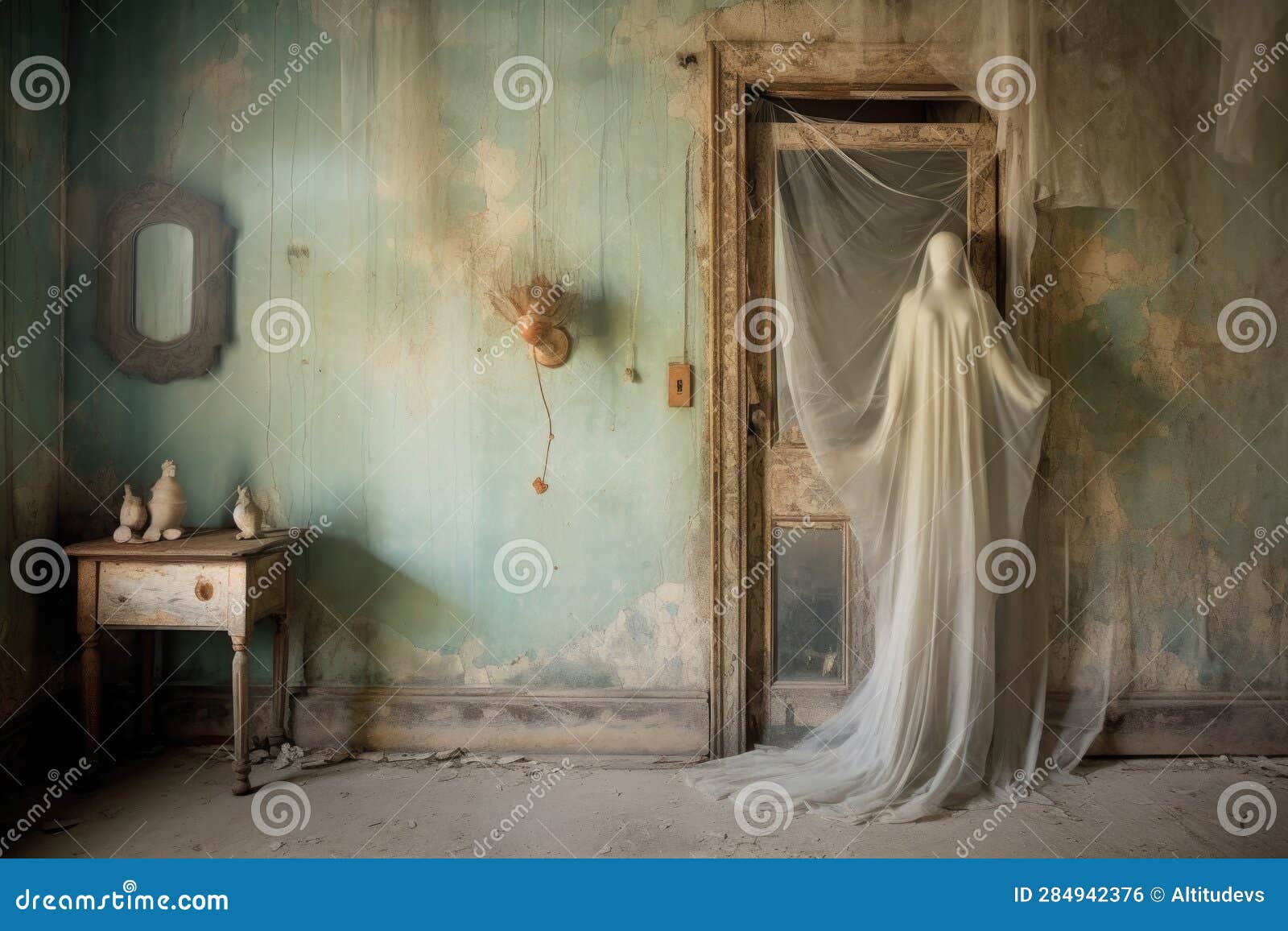 Ghostly Apparition Of A Woman In White, Standing In Front Of A Moonlit ...