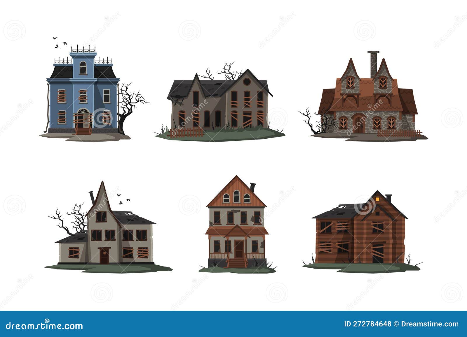 Abandoned House Facade with Open Empty Windows Vector Set Stock Vector ...