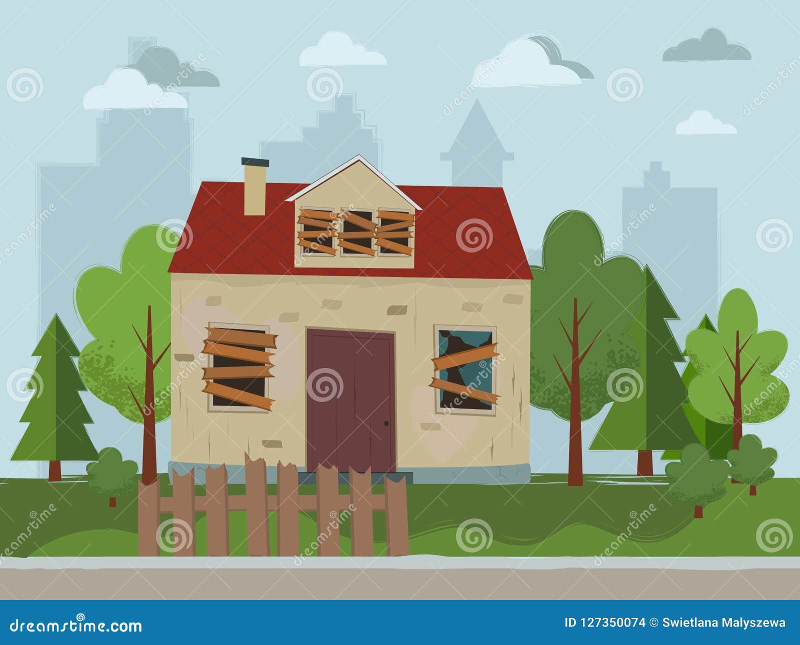 Abandoned House. Flat Design. Vector Illustration. Stock Illustration ...