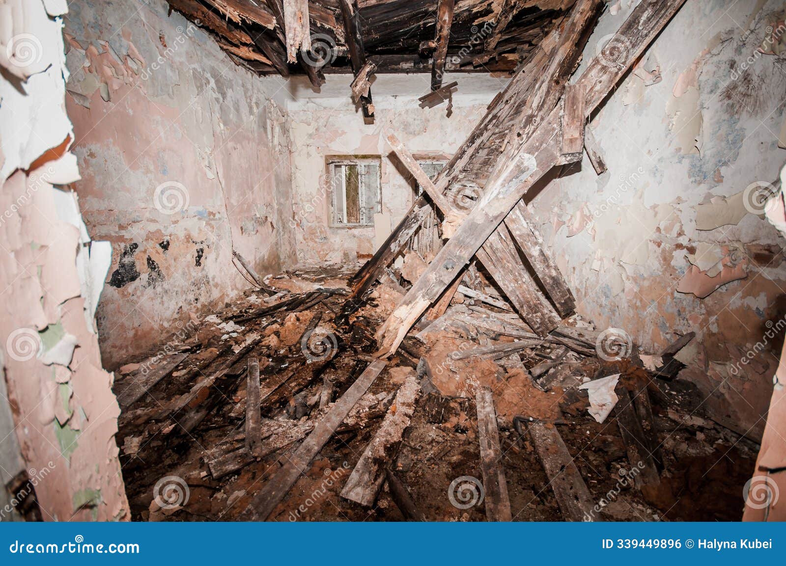 Abandoned Interior of a Deteriorating Structure with Collapsed Ceiling ...