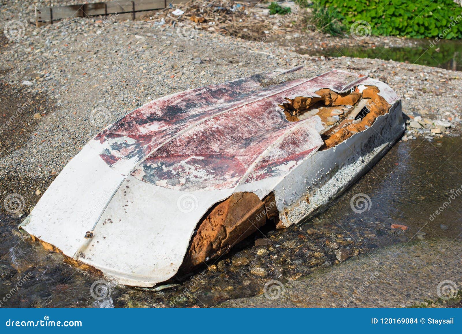 Abandoned Inverted Boat Lying on the Shore of the Damaged Hull Stock ...
