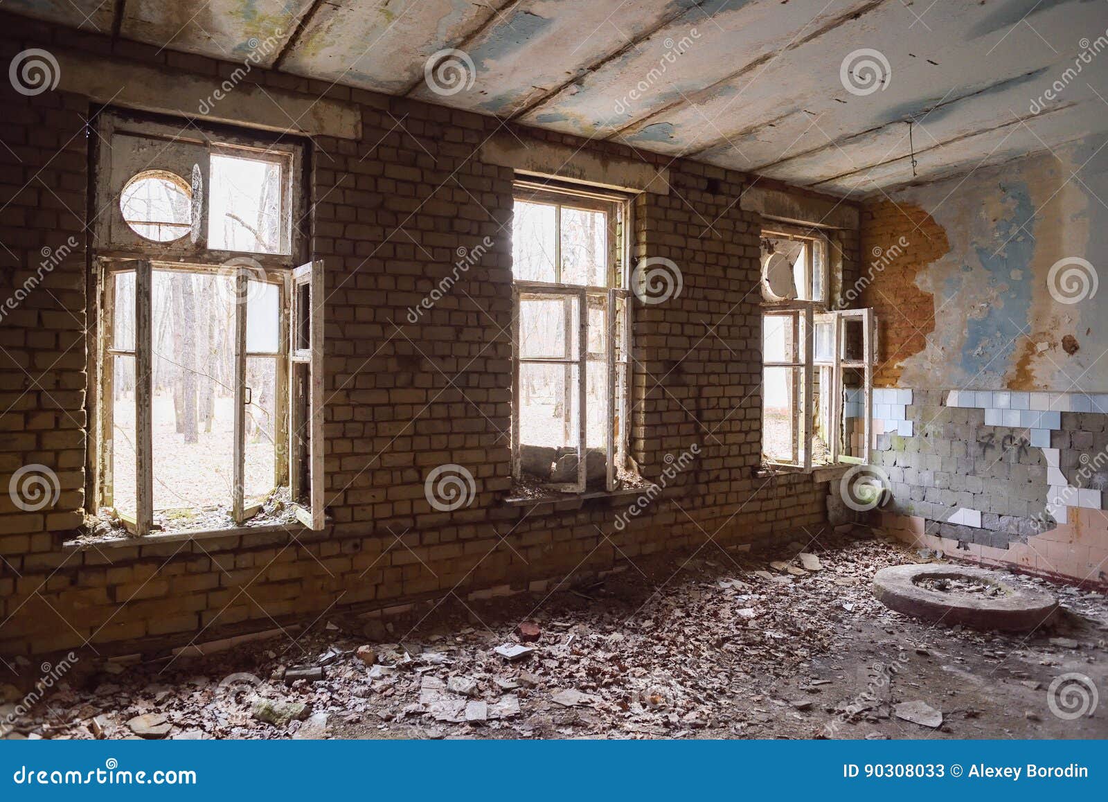 Abandoned Large Hall with Big Windows and Debris on the Floor Stock ...