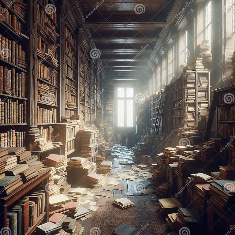 Abandoned Library Filled with Stacks of Old Books and Soft Light Stock ...