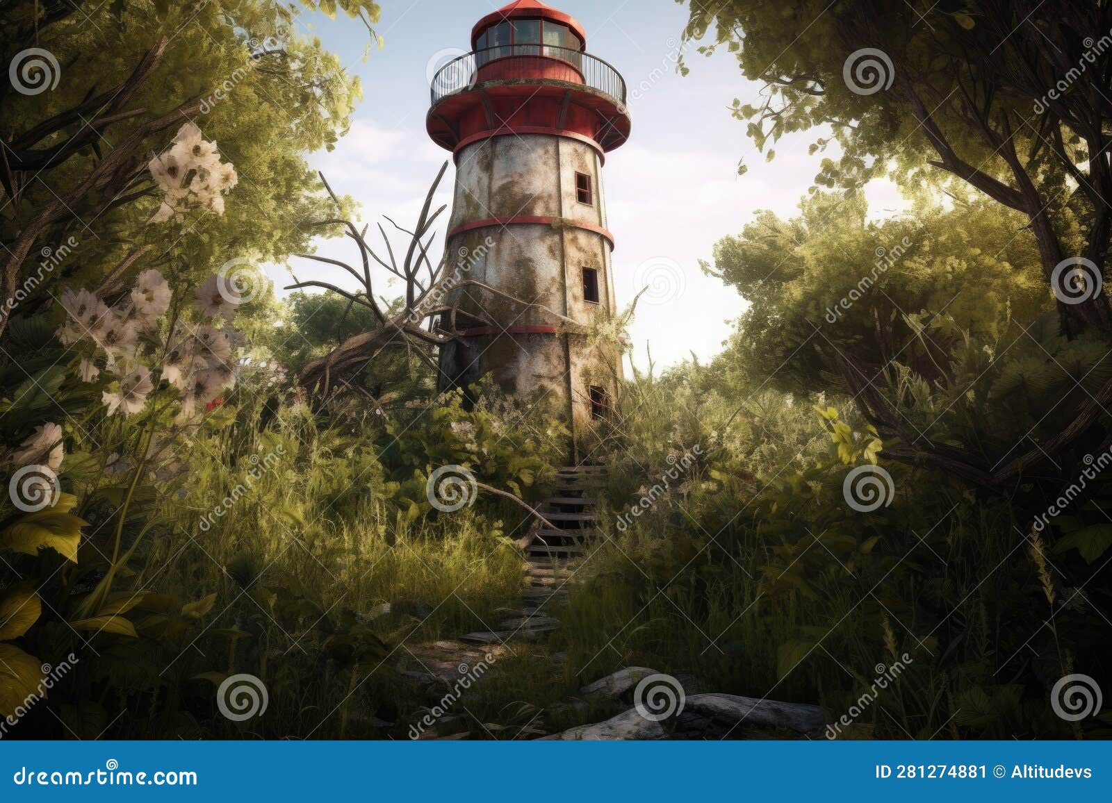 Abandoned Lighthouse with Overgrown Vegetation Around it Stock Image ...
