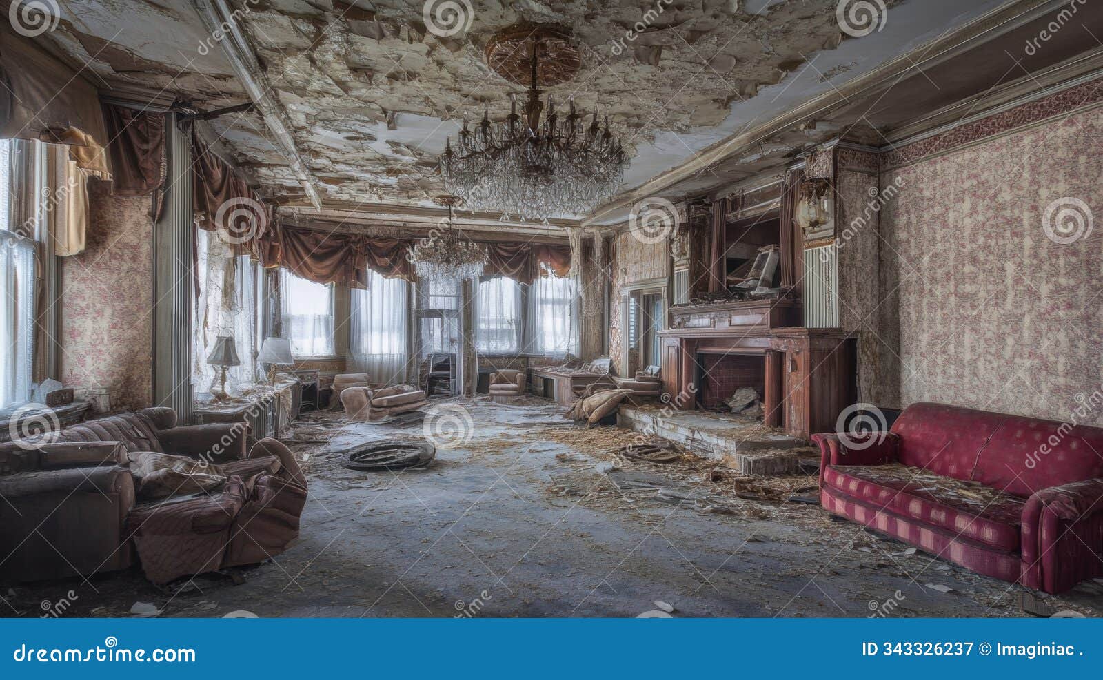 Abandoned Living Room with Crumbling Ceiling and Dust Stock ...