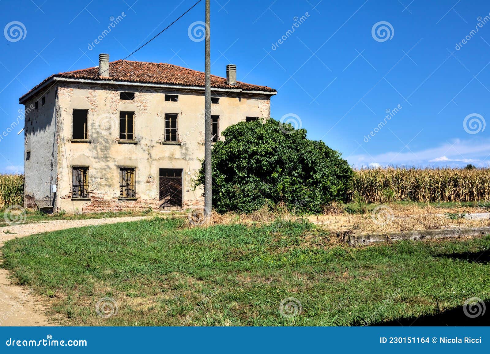 Abandoned Mansion with a Barn Surrounded by Corn Fields in the Italian ...