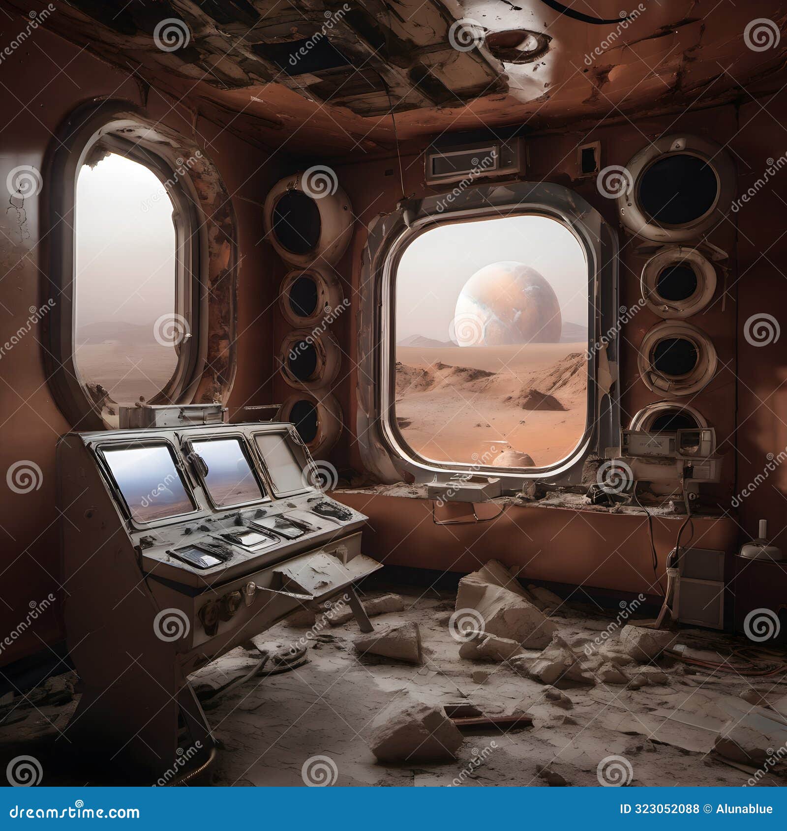 Abandoned Mars Base Interior with Alien Planet View through Windows ...
