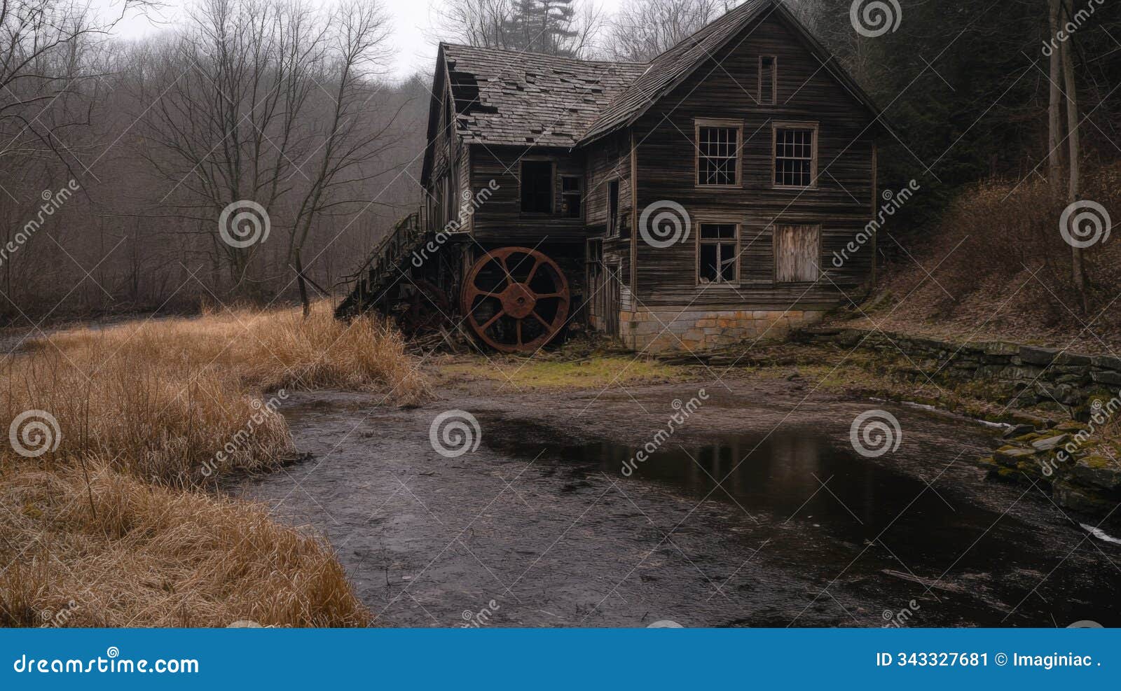 Abandoned Mill Building with Rusty Wheel and Creek Stock Illustration ...