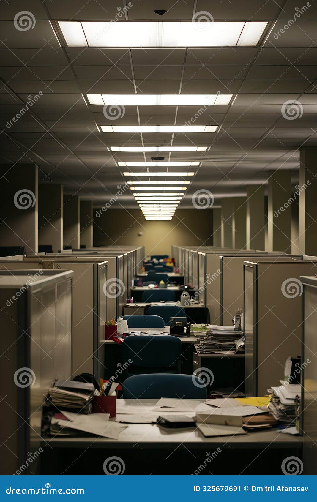 Abandoned Office Cubicles with Flickering Lights Stock Illustration ...