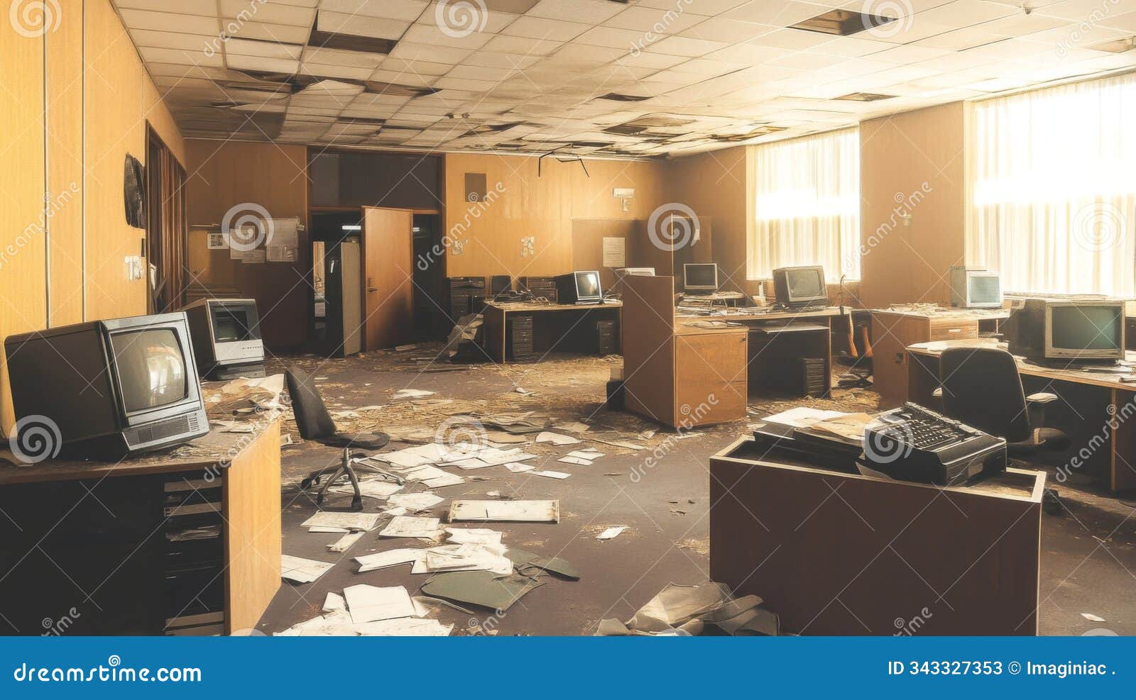 Abandoned Office with Damaged Ceiling and Scattered Paper Stock ...