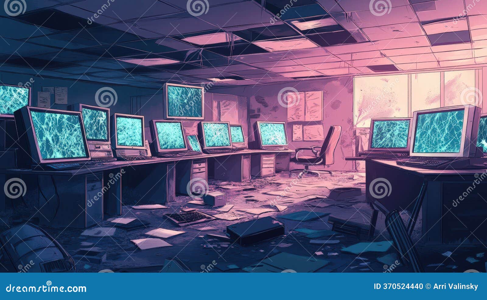 Abandoned Office Interior Background. Workstation Furniture. Computer ...