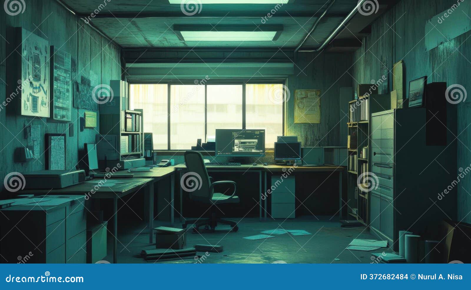 Abandoned Office With Large Arched Window Stock Illustration ...