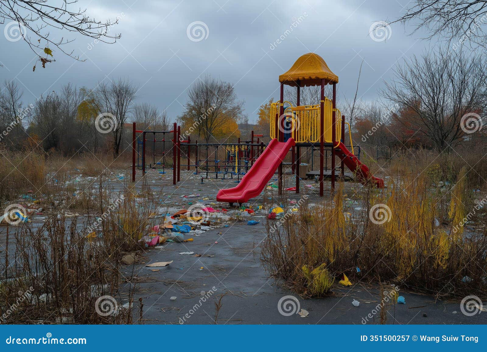 Abandoned Playground Polluted with Garbage and Trash Stock Illustration ...