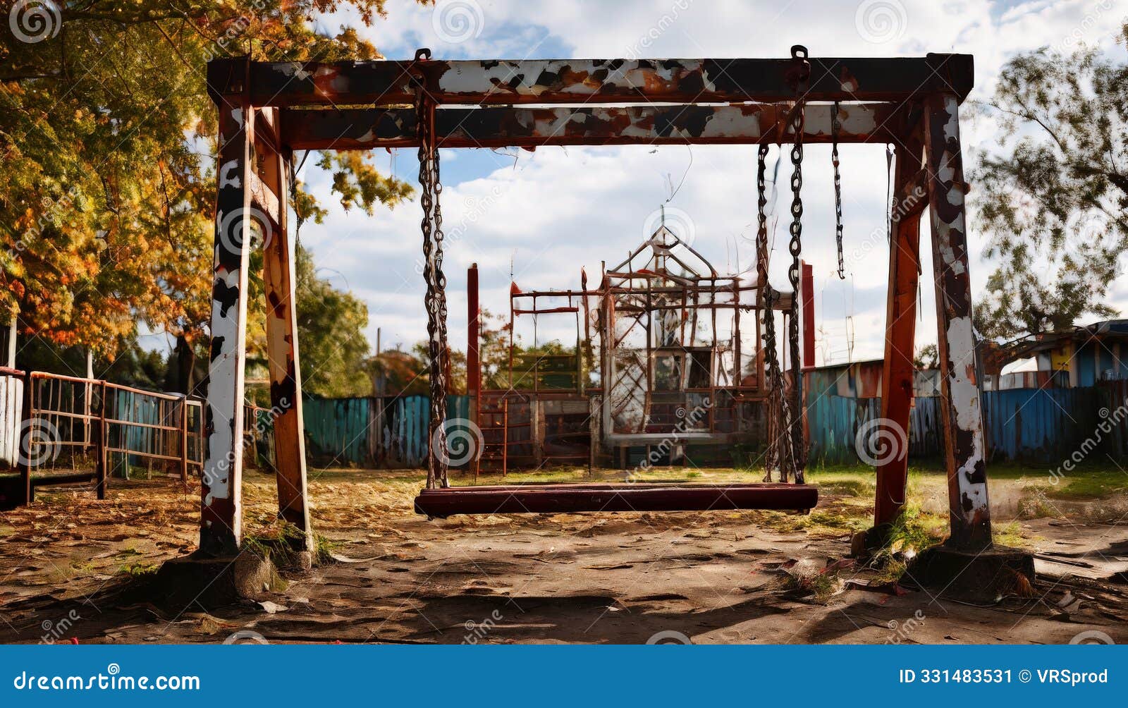 Abandoned Playground with Rusty Swing and Decayed Structures Stock ...