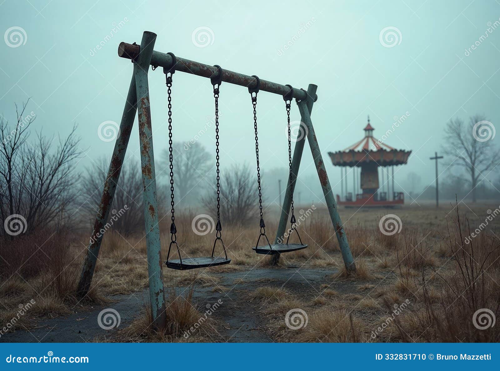 Abandoned Playground with Rusty Swings and a Carousel, Creating a ...
