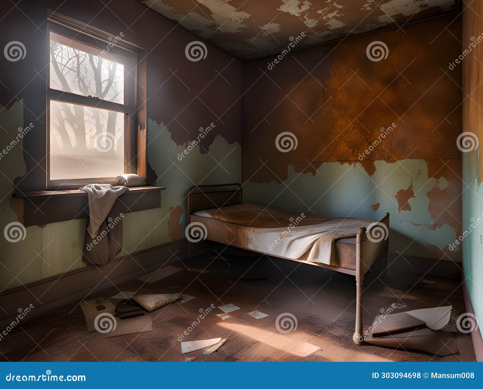 Abandoned Prison Cell Room with Old Rusty Bed Frame and Peeling Walls ...