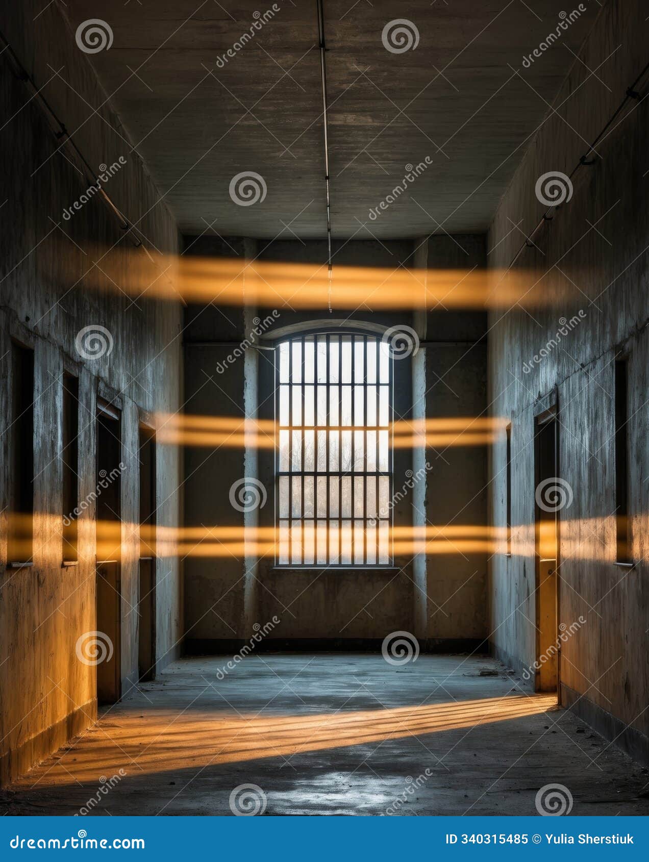Abandoned Prison Corridor Illuminated by Eerie Light Beams at Dusk ...