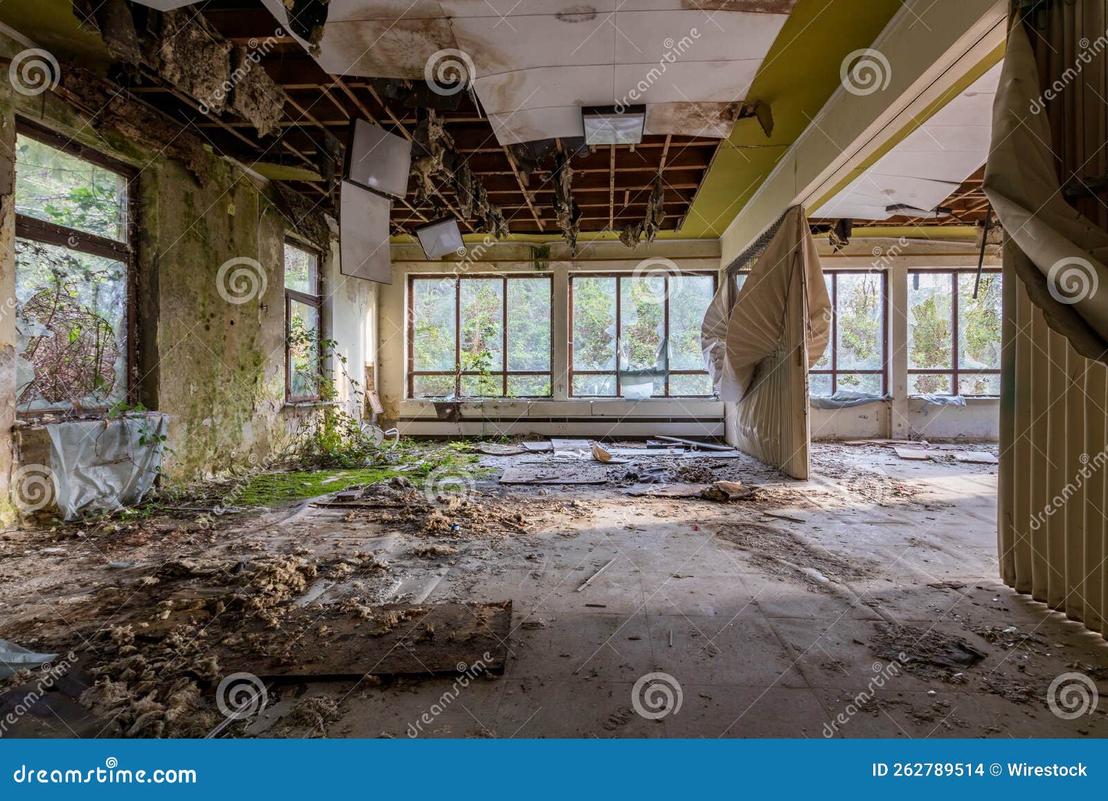 Abandoned Psychiatric Ward, a Large Room with Broken Ceiling, Moss ...