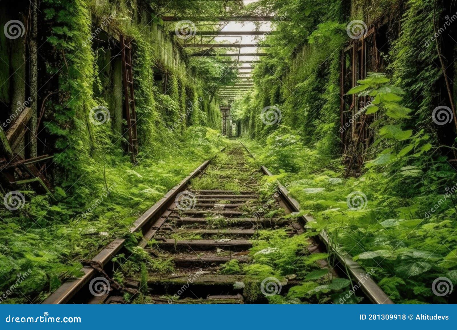 Abandoned Railroad Tracks Overgrown with Greenery Stock Illustration ...