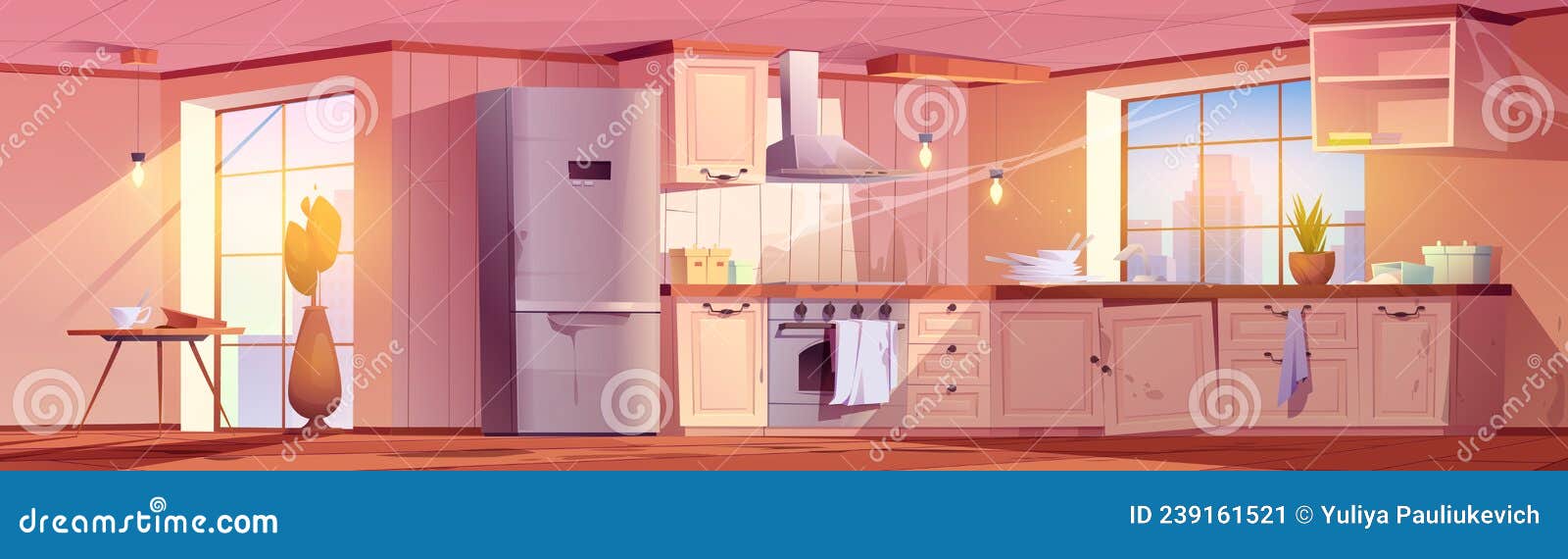 Abandoned Retro Kitchen, Empty Decrepit Interior Stock Illustration ...