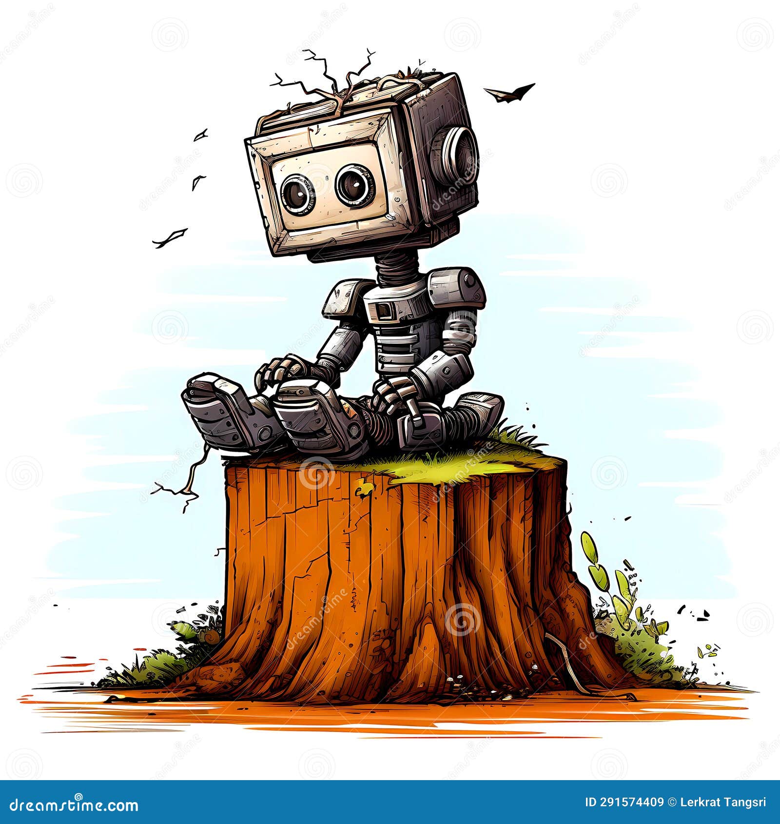 Abandoned Robot Sit on Tree Stump Stock Illustration - Illustration of ...