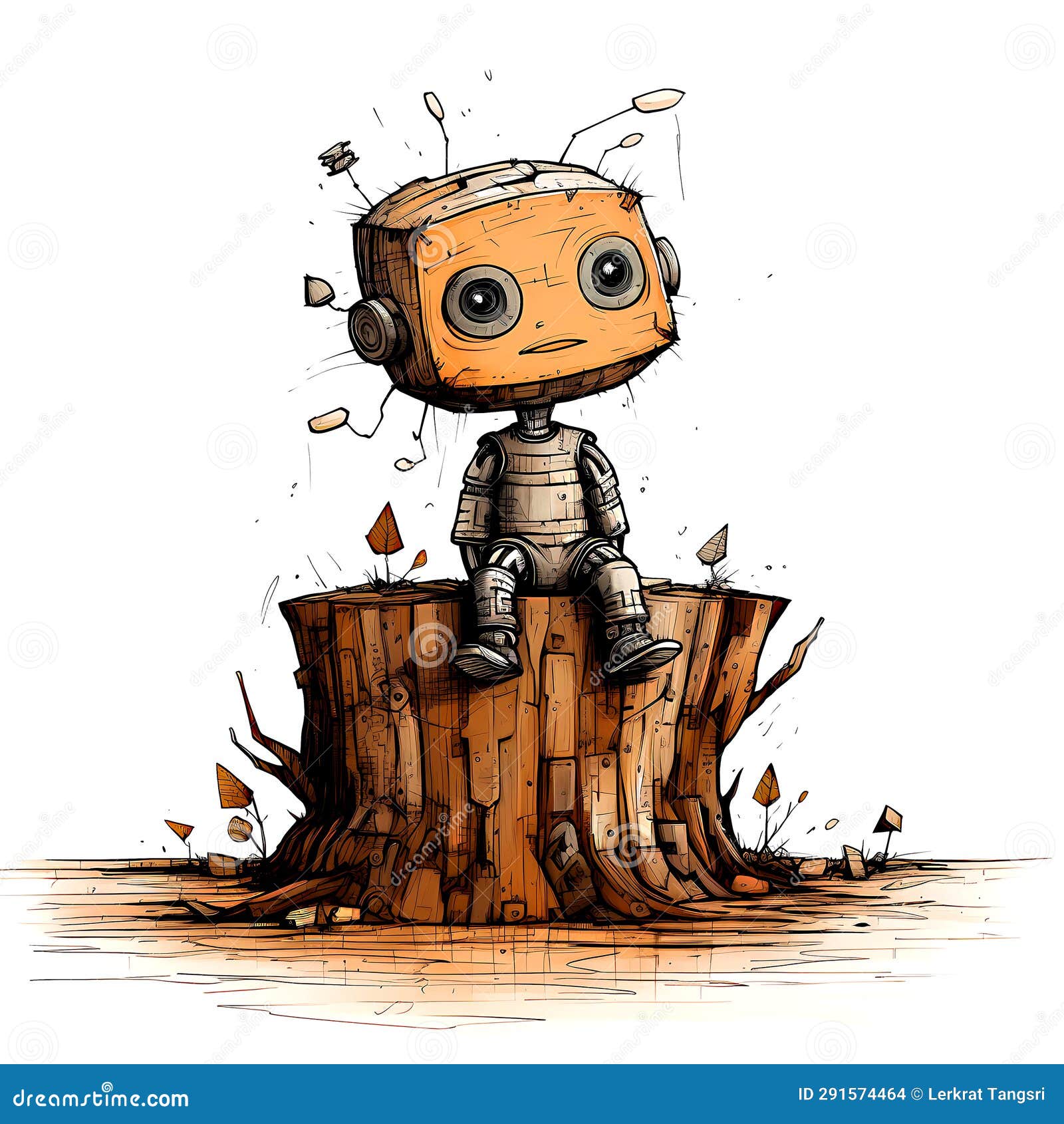 Abandoned Robot Sit on Tree Stump Stock Illustration - Illustration of ...