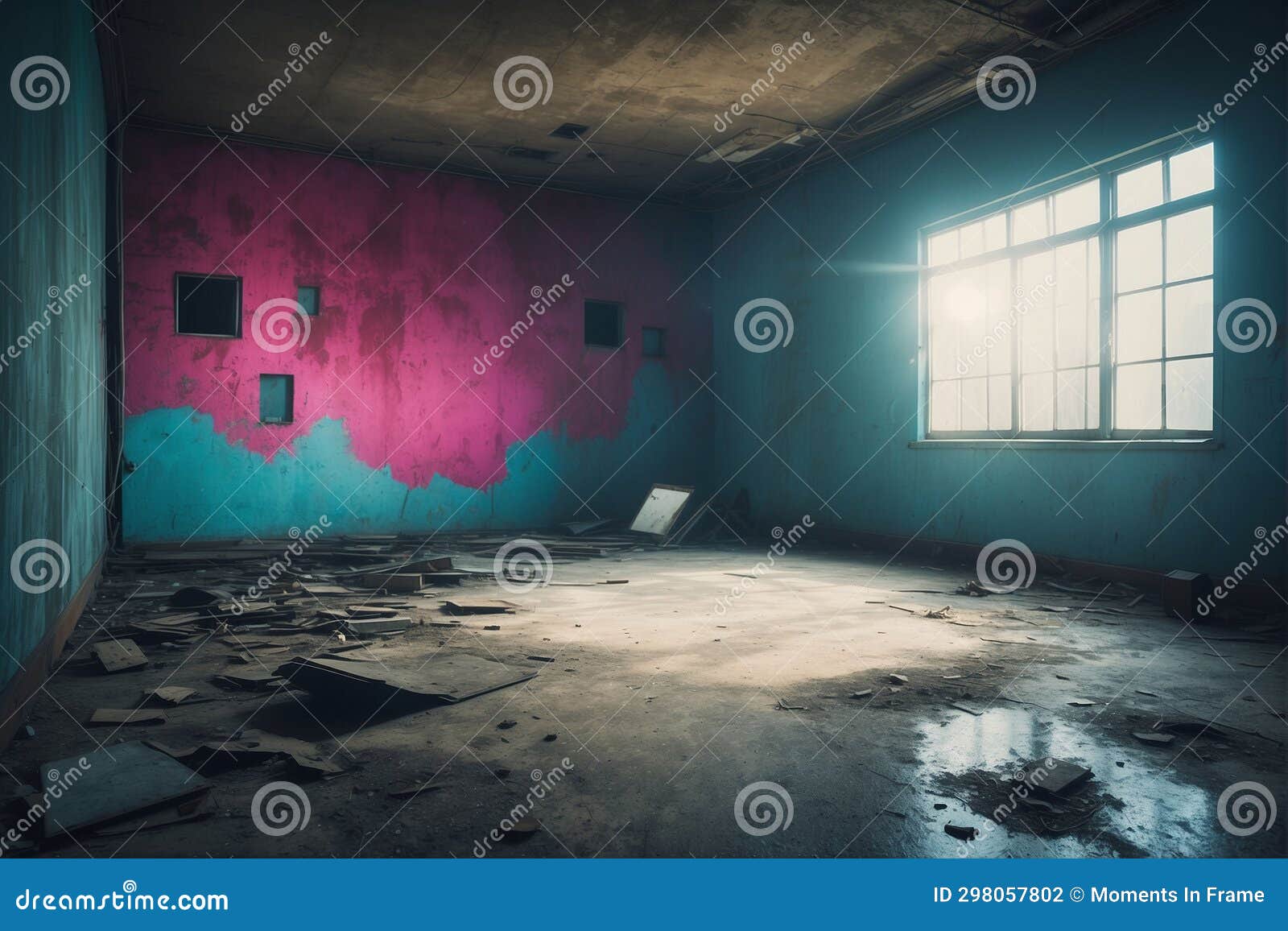 Abandoned Room with Broken Windows and Blue Wall Stock Illustration ...