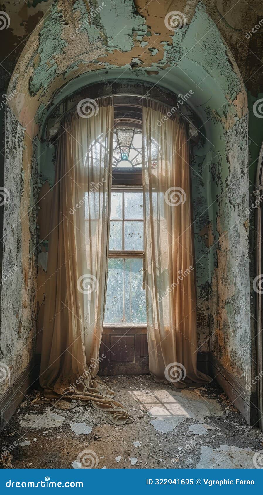 Abandoned Room with Decaying Walls and Sunlight through Curtained ...