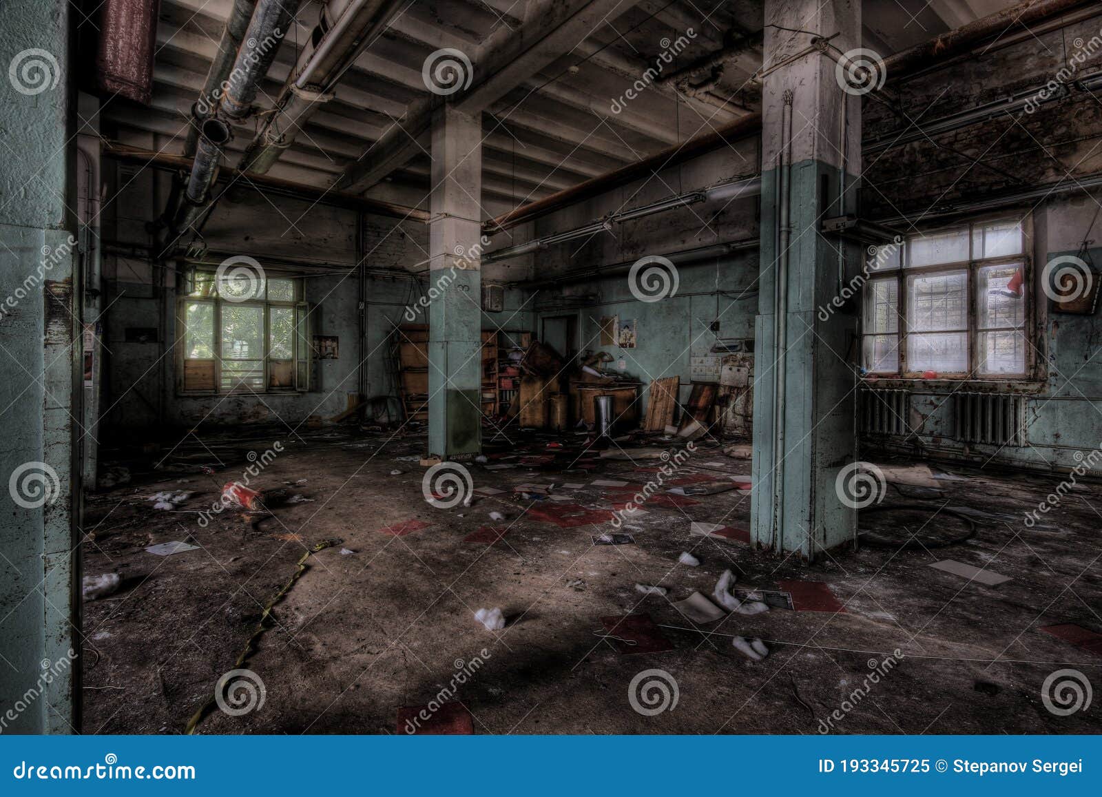 Hall with Old and Broken Equipment in an Abandoned Workshop Stock Image ...